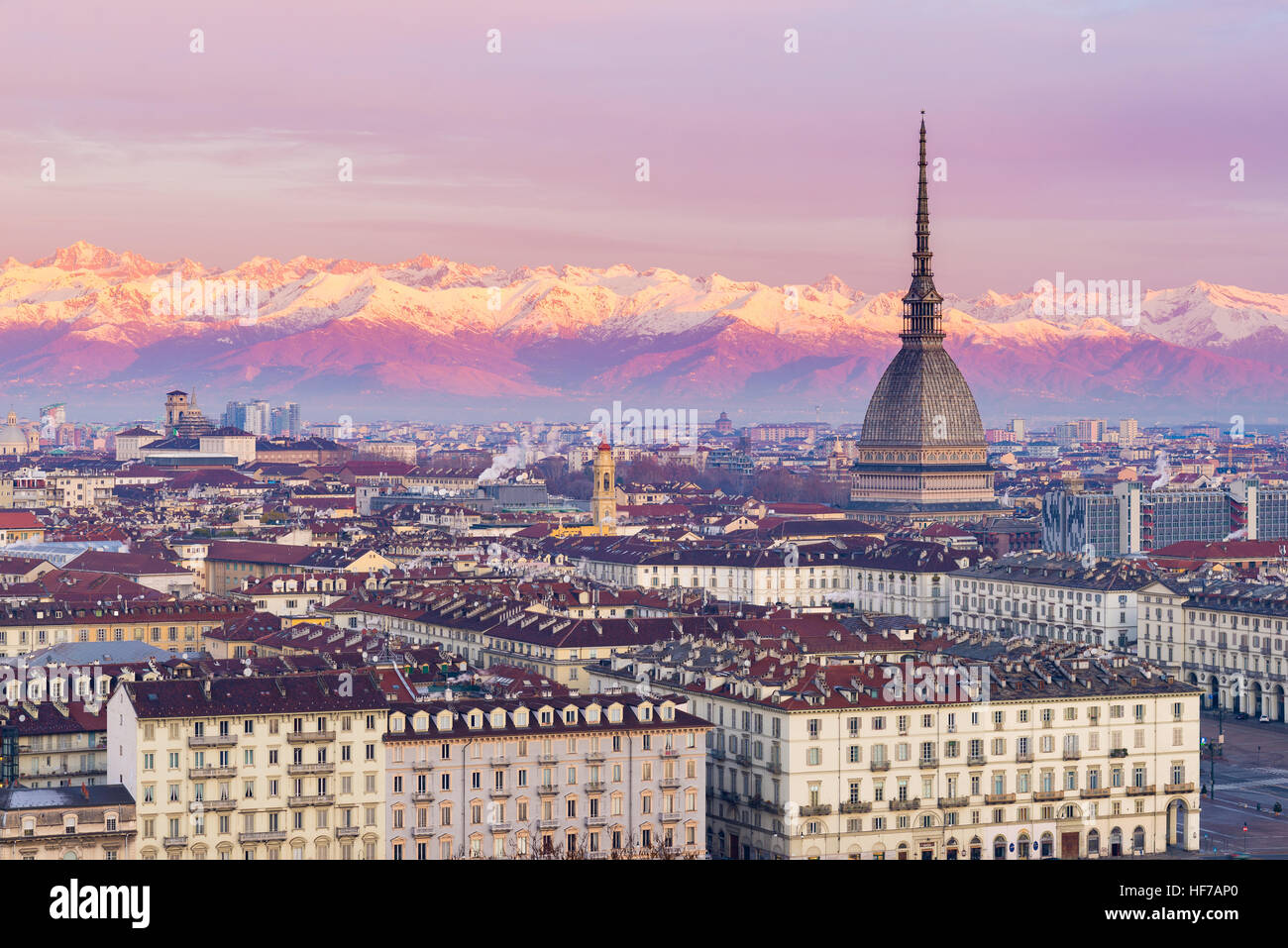 Torino (Turin, Italy): cityscape at sunrise with details of the Mole ...