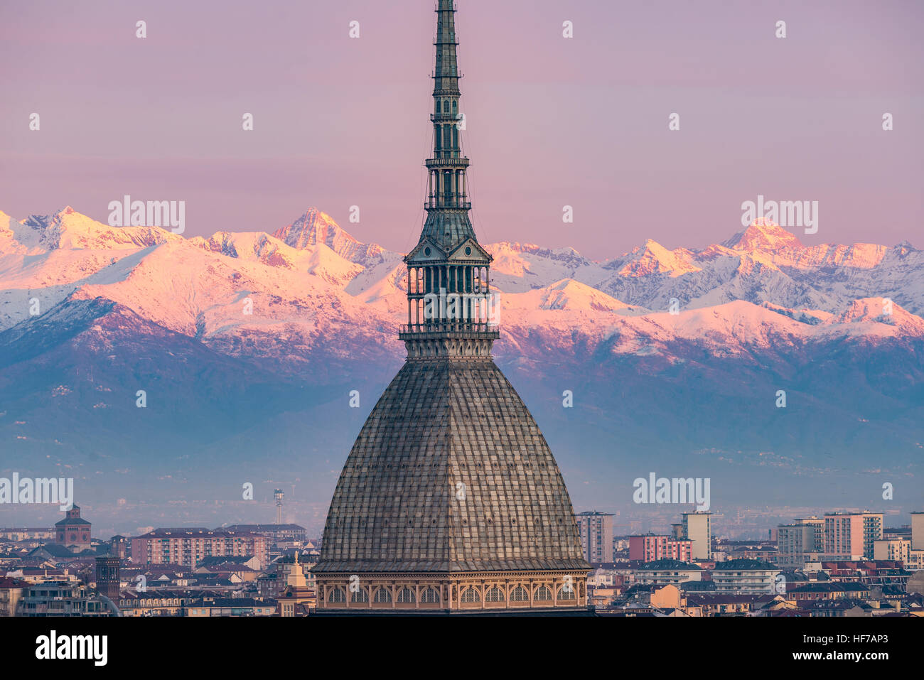 Torino (Turin, Italy): cityscape at sunrise with details of the Mole ...