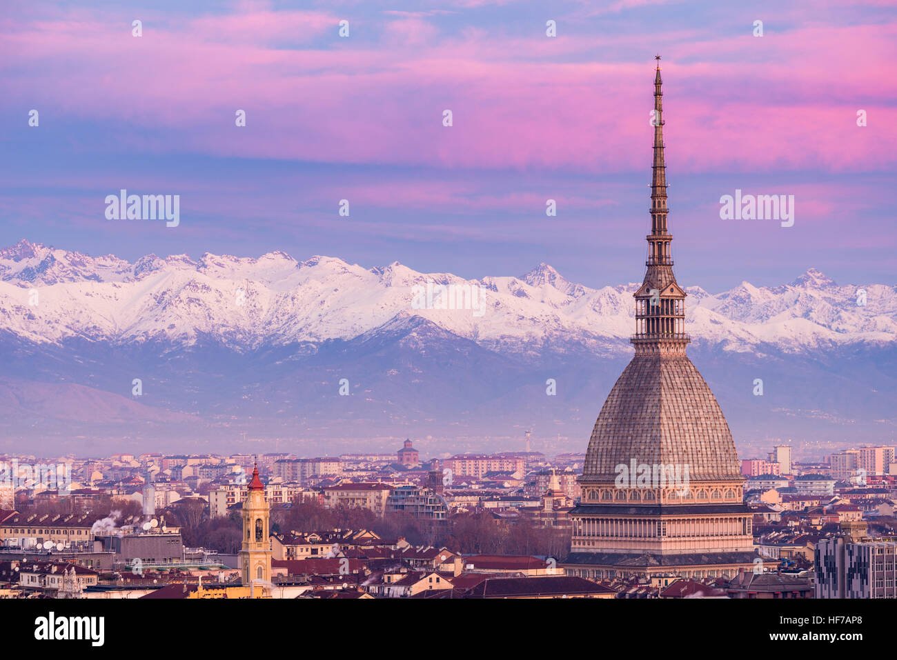 Torino (Turin, Italy): cityscape at sunrise with details of the Mole ...