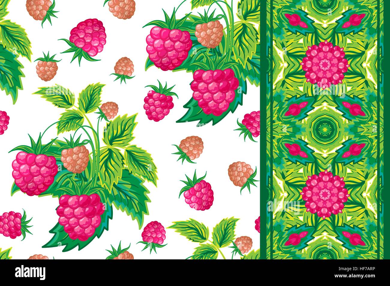 Set of raspberry seamless pattern and border (ribbon). Bright summer ...