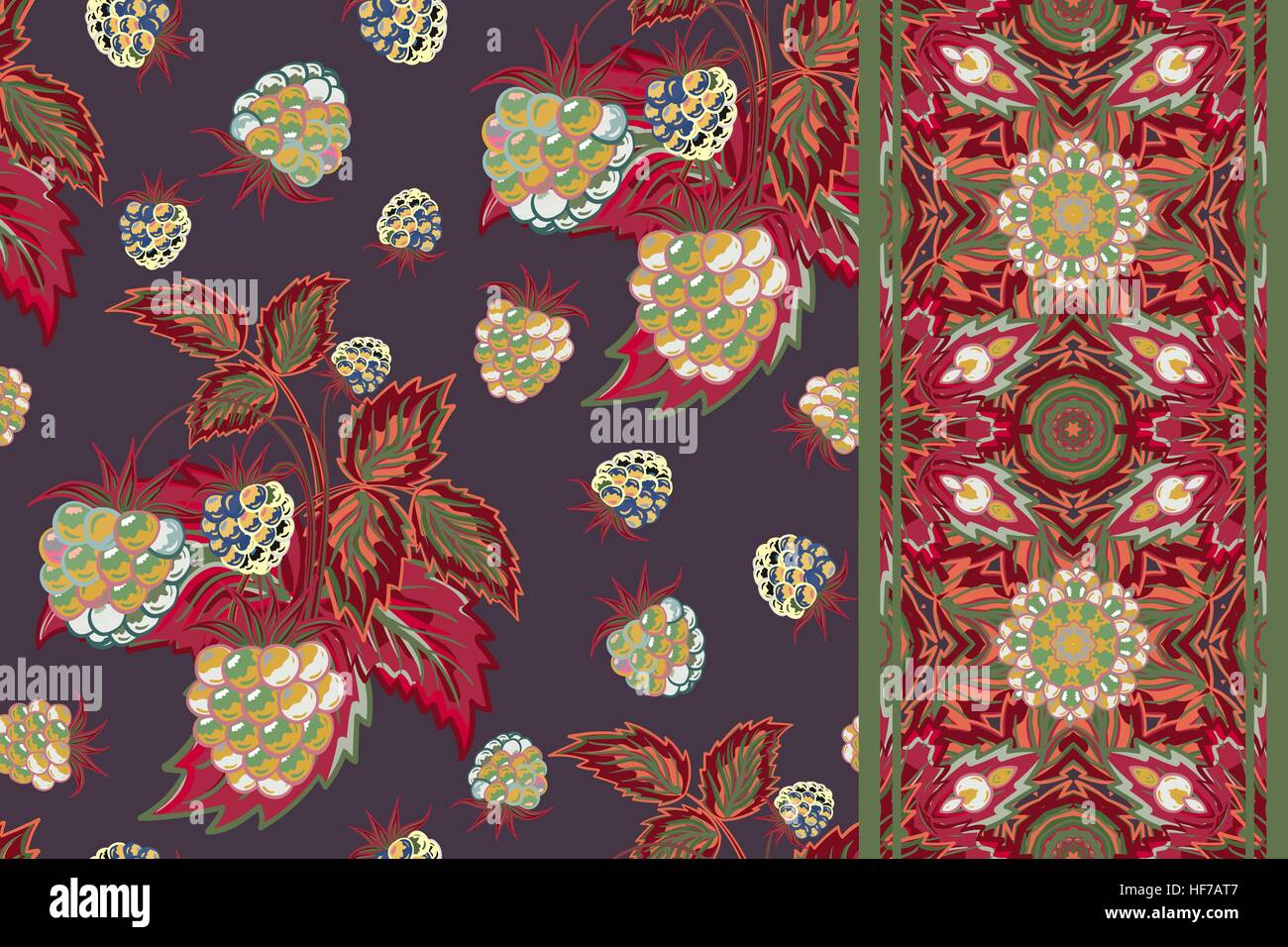 Set of raspberry seamless pattern and border (strip). Dark summer ...