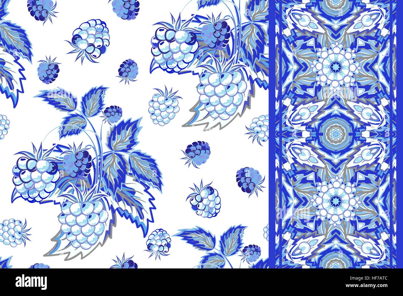 Set of raspberry seamless pattern and border (tape). Blue summer vector ...