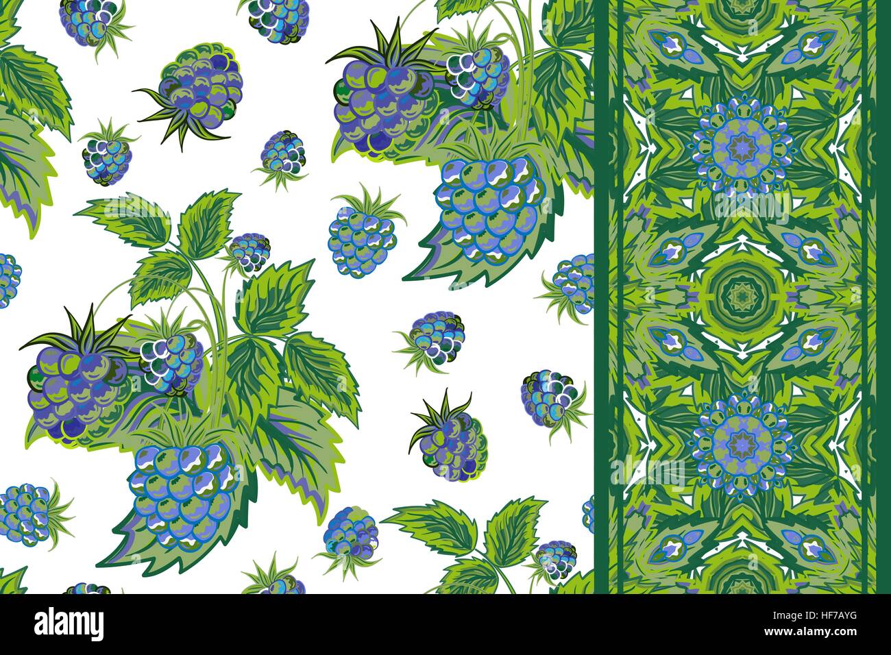 Set of pattern of blue green raspberry hand painted and border (ribbon ...