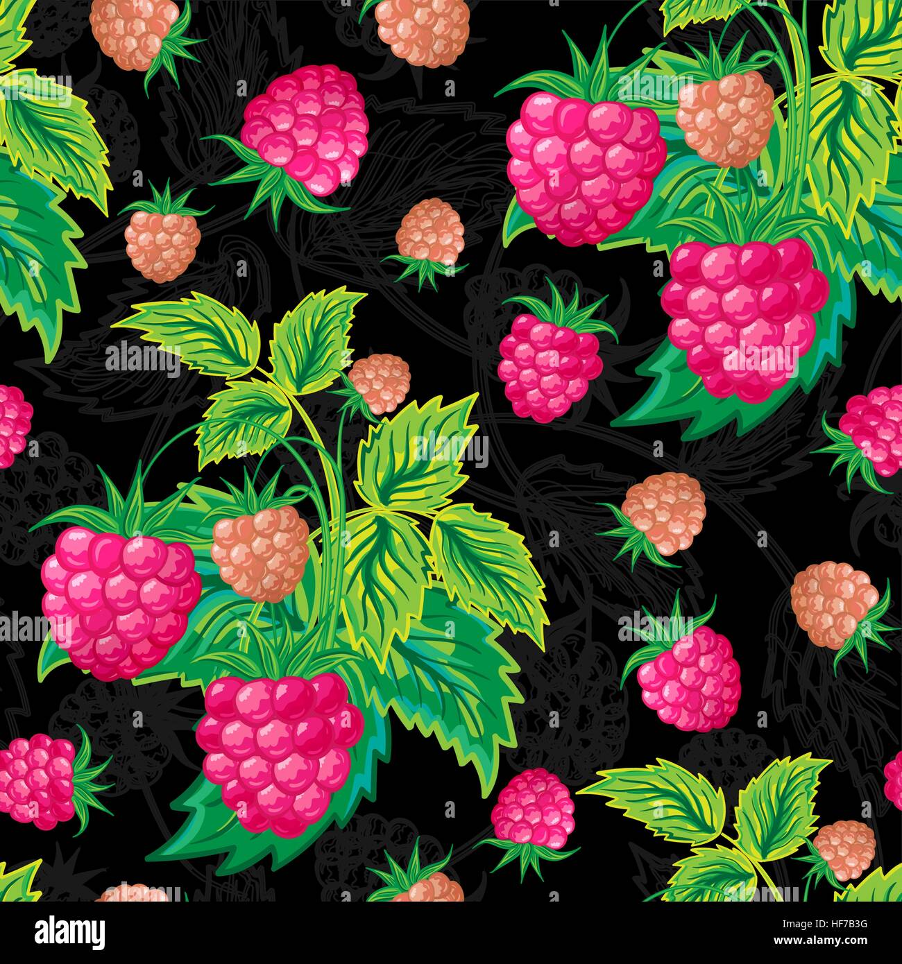 vector illustration. Colorful seamless pattern of pink raspberries on ...