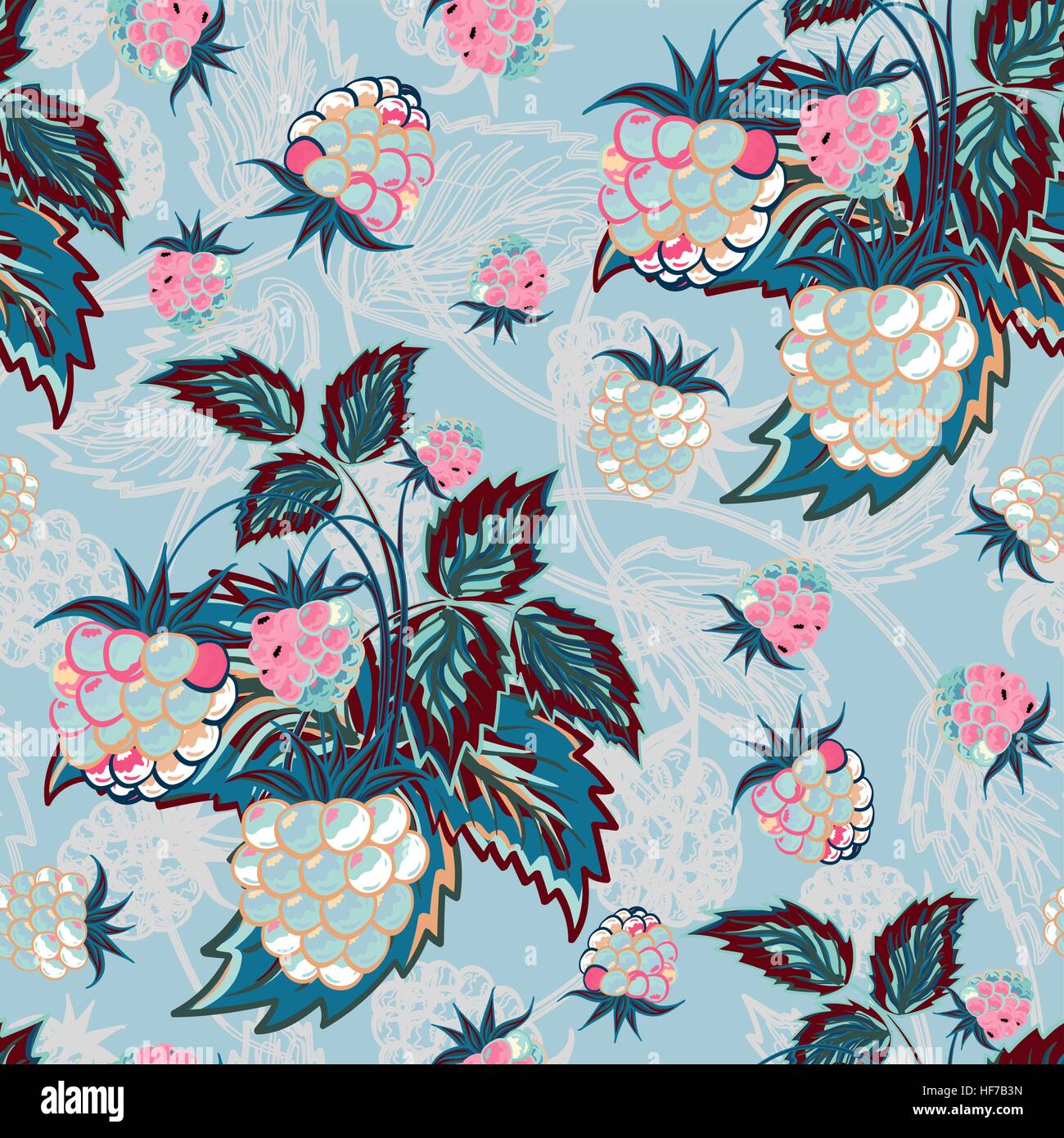 vector illustration. Colorful blue pink seamless pattern of raspberries ...