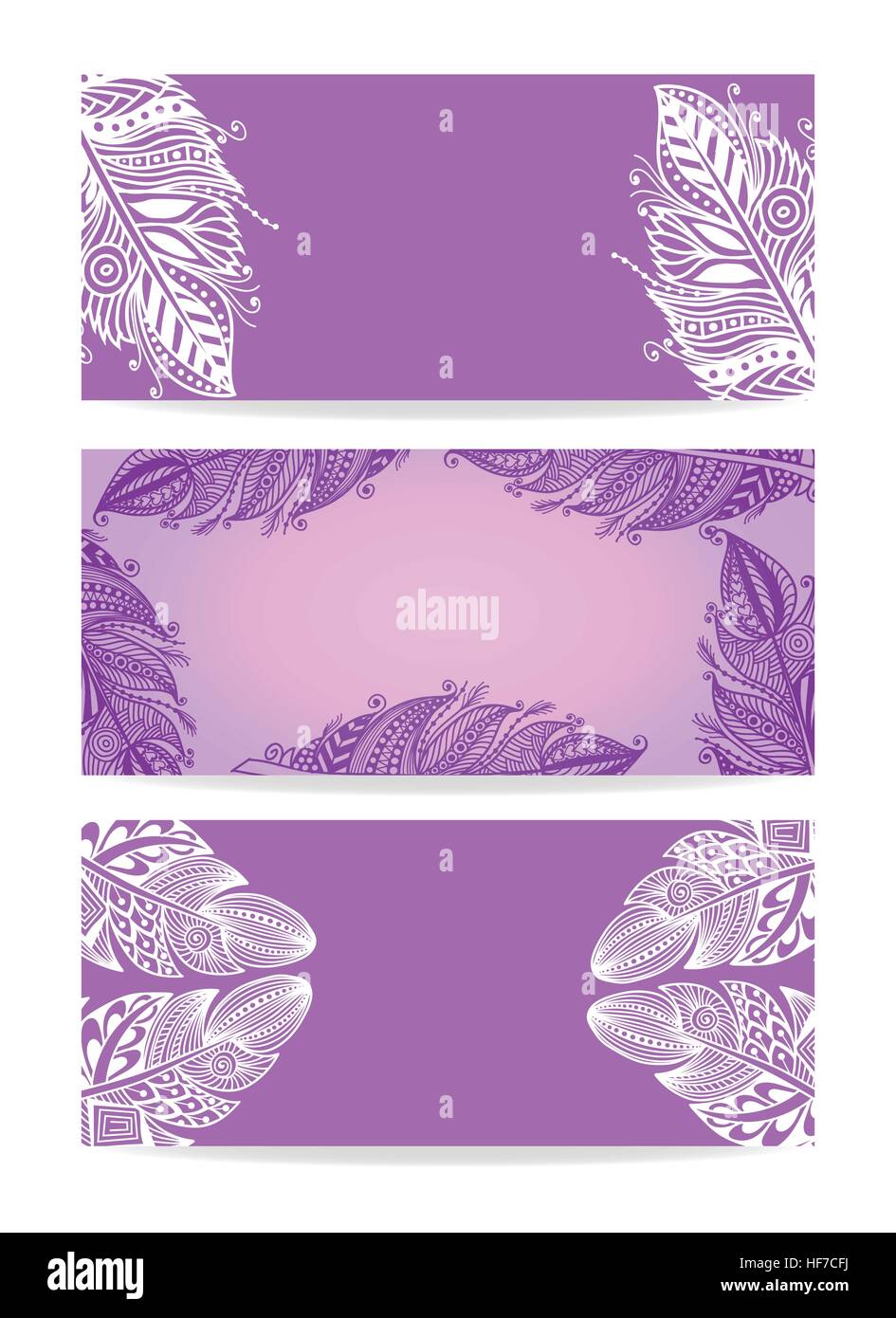 Set of violet horizontal banners with white feathers. Vector hipster ...