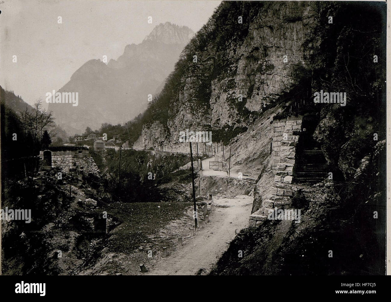 A photograph showing a roadblock before Moline di Sovramonte, Italy ...