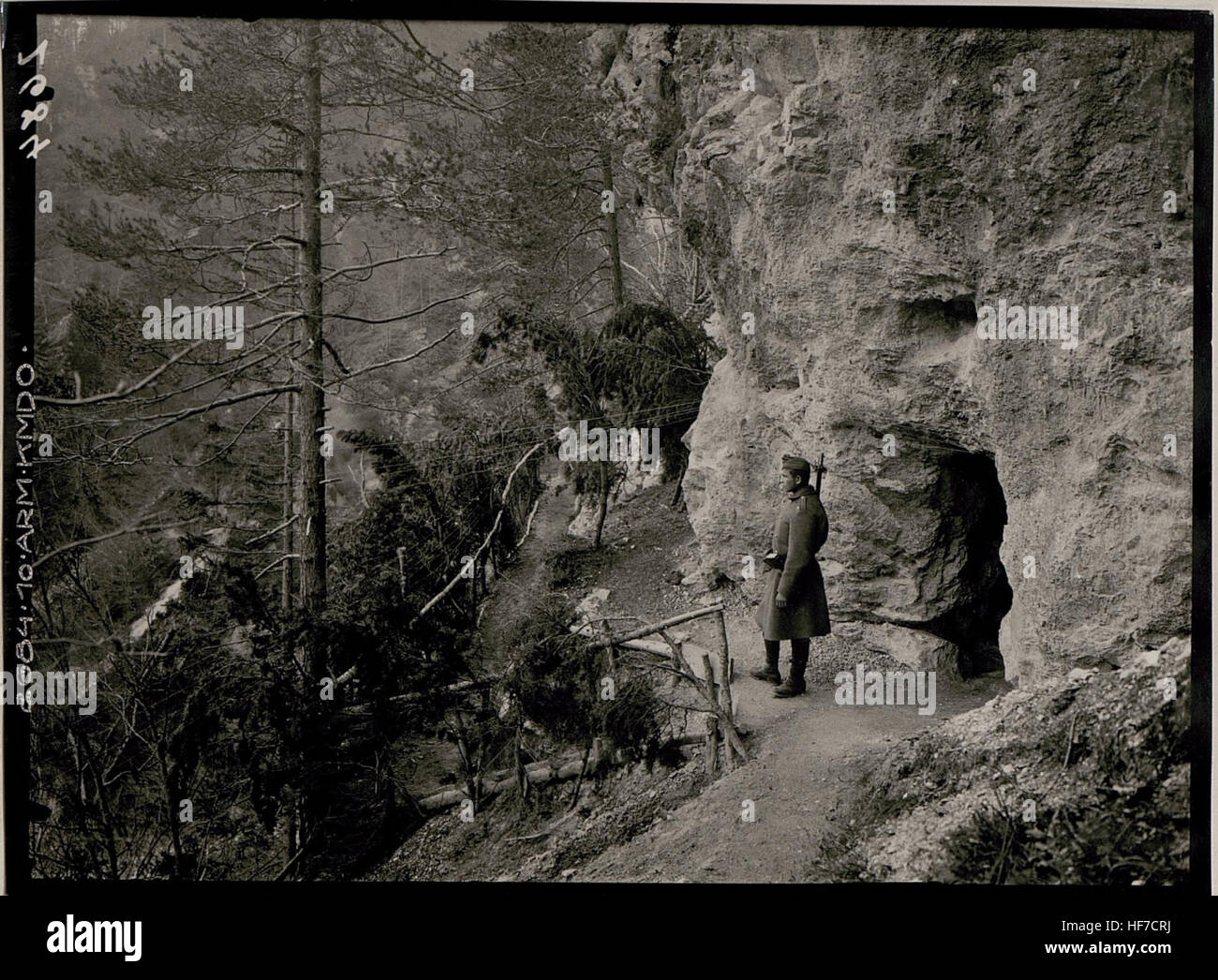 A photograph from World War I showing the cave used by the 9 cm ...