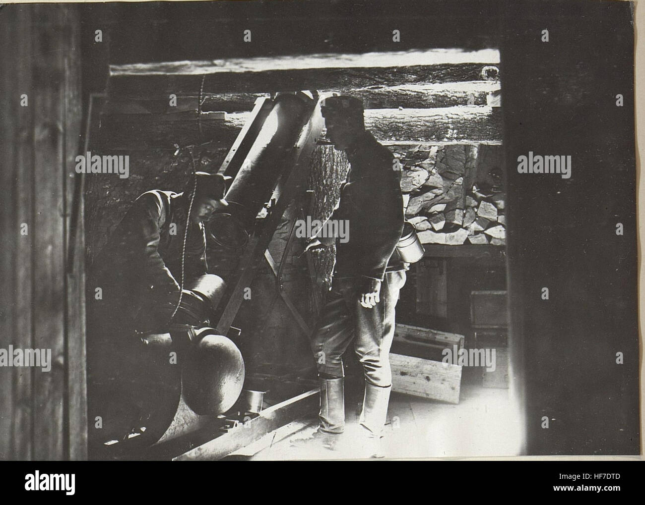 A 20 cm air mine launcher in use during the First World War, preparing ...