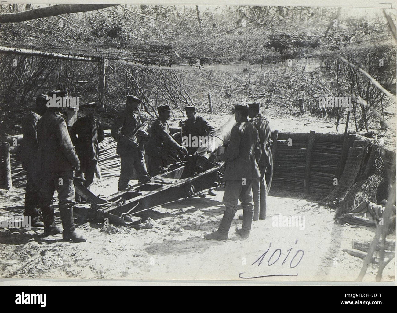 German heavy 15 cm howitzers camouflaged with wire netting, Ottoman ...