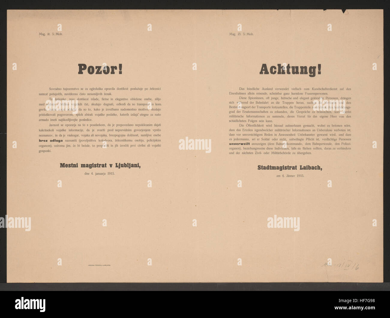 A 1915 wartime propaganda poster from Laibach (Ljubljana) warning ...