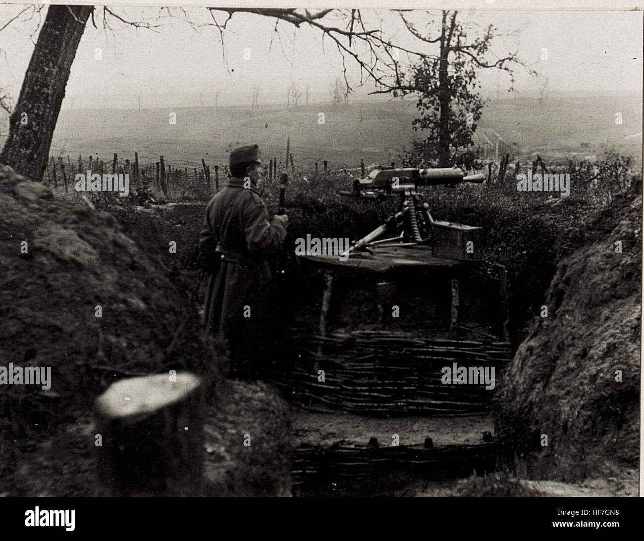 This photograph shows a German machine gun post from World War I ...