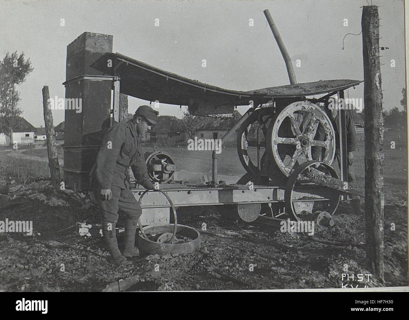A photograph of a burned-out gasoline engine used for a field cinema ...