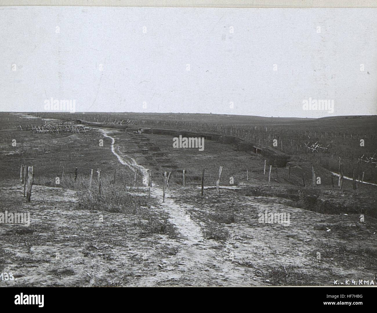 A historical image from World War I, depicting a roadblock and ...