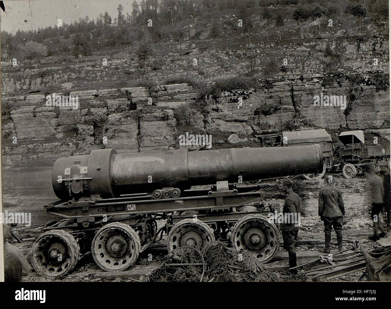 A photograph showing the mounting of a 42 cm howitzer in Serrada during ...