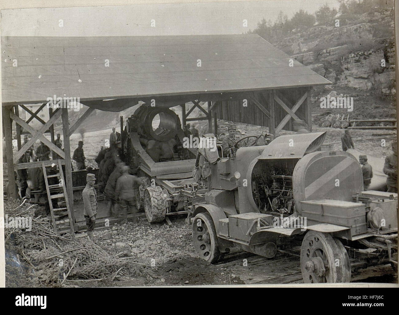 This image shows the mounting of a 42 cm howitzer in Serrada during ...