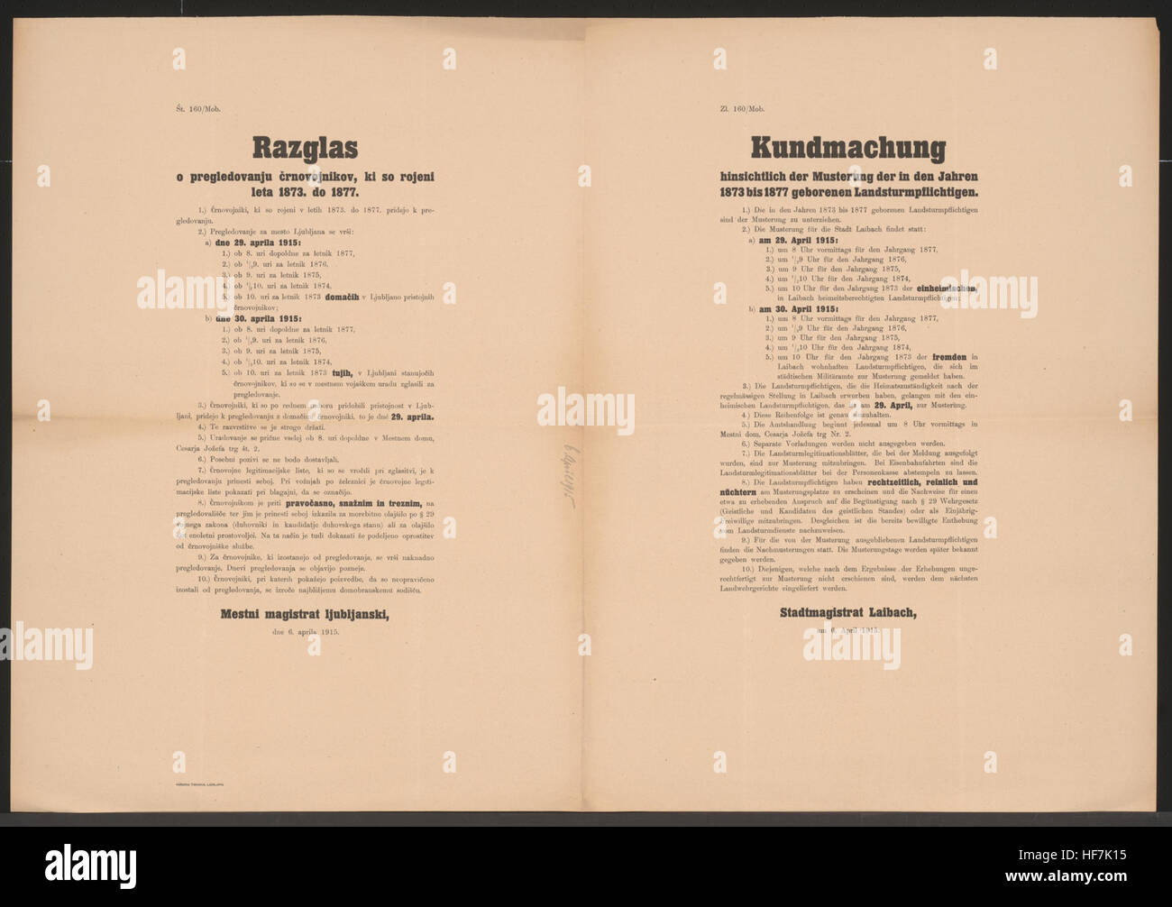 A 1915 multilingual poster from Laibach detailing military conscription ...