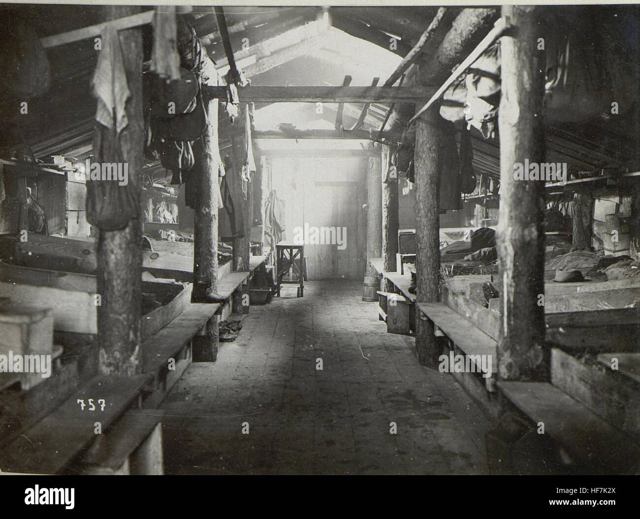 A photograph showing the sleeping quarters of soldiers working in an ...