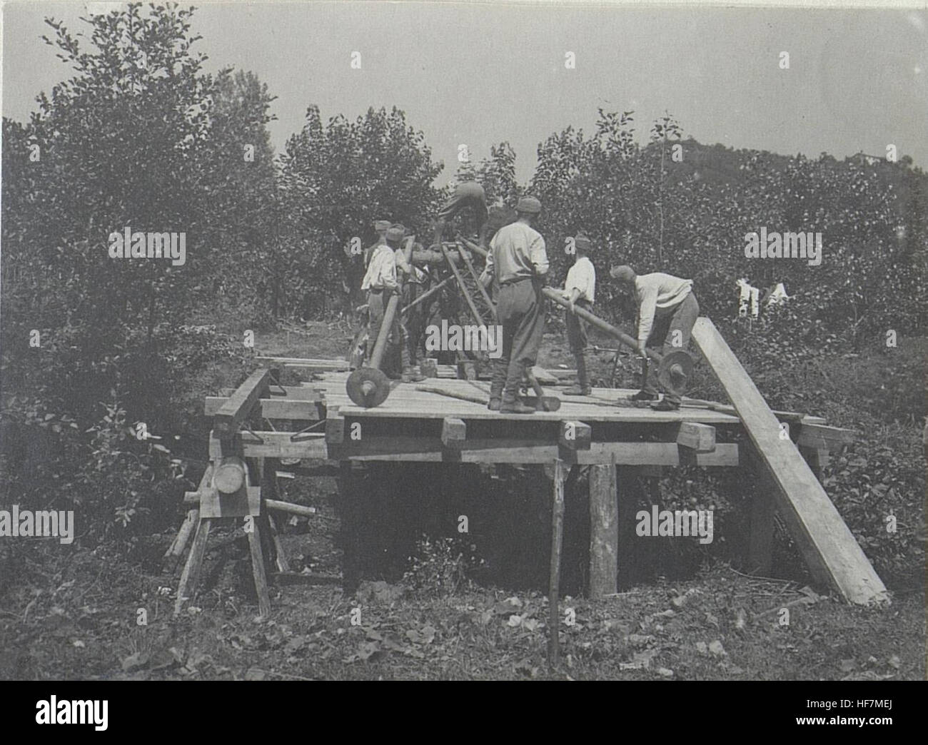 This image from the First World War depicts a bridge construction on a ...