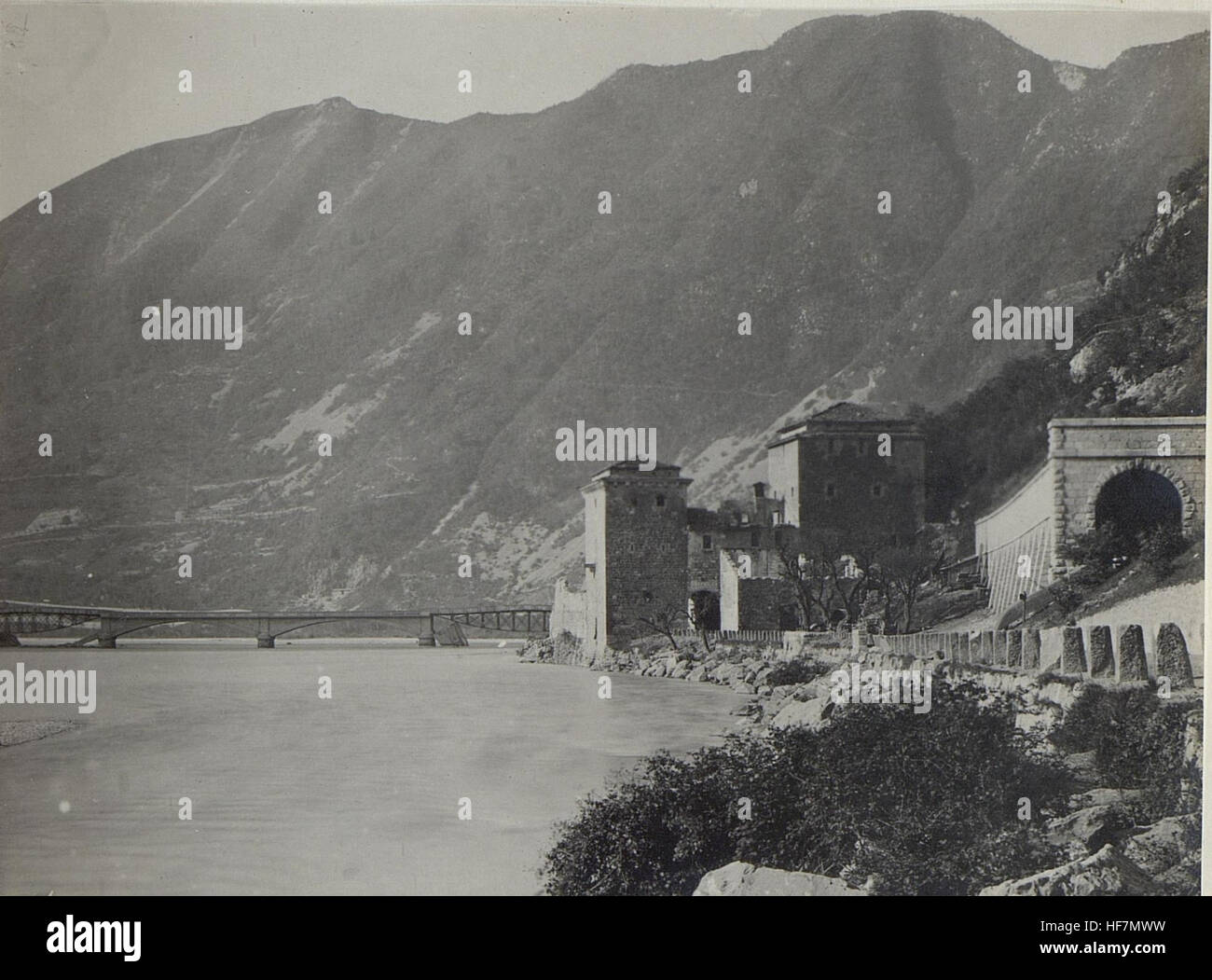 This historical photograph depicts the bridge over the Piave River ...