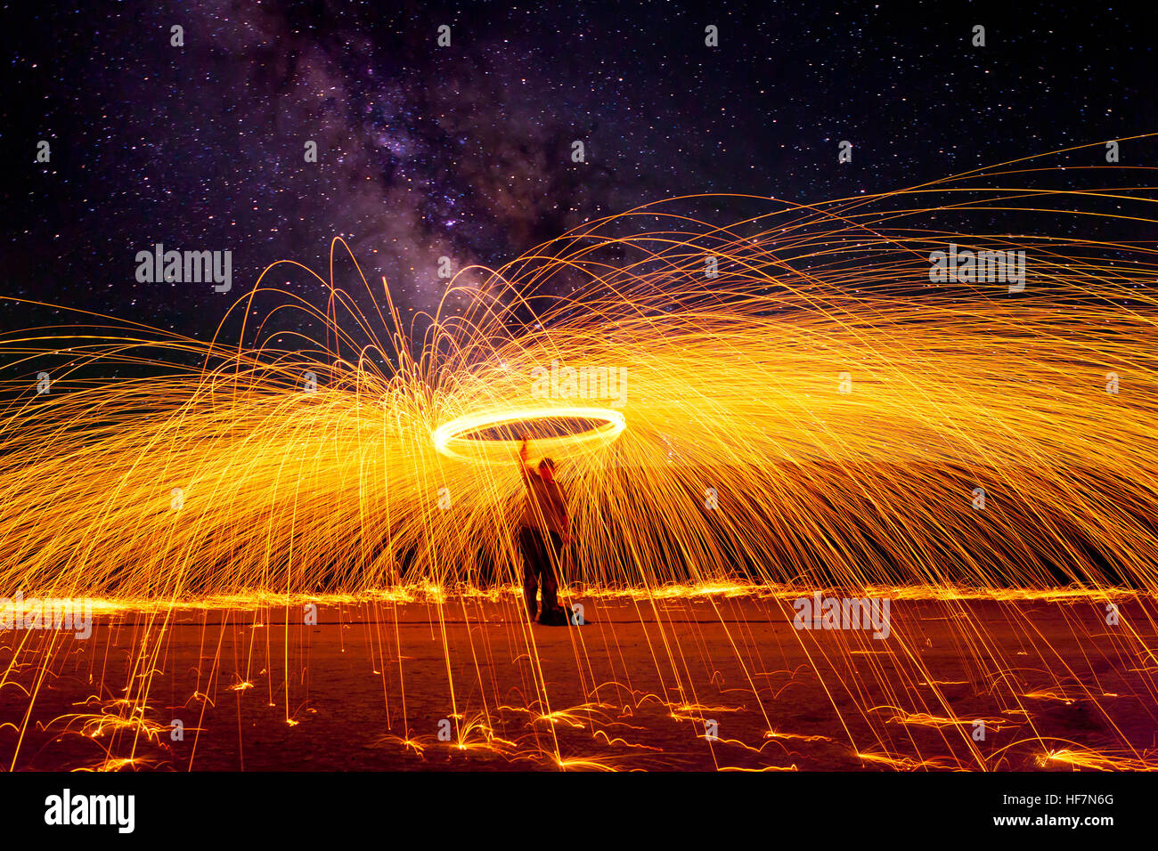 shower of glowing hot sparks with milky way background at night Stock ...