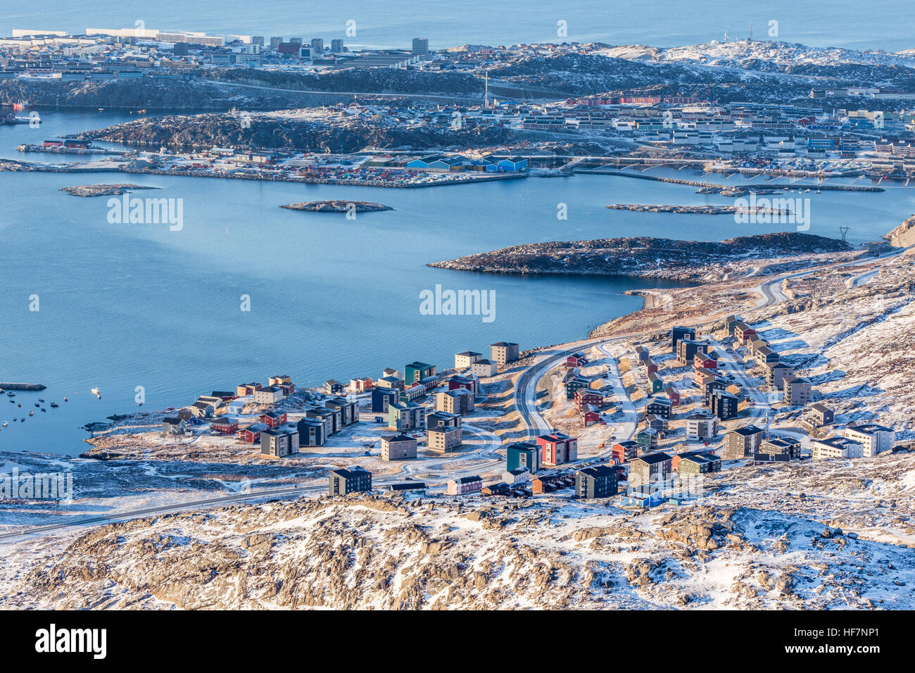 View from above to the streets and buildings of Nuuk, Greenland Stock ...