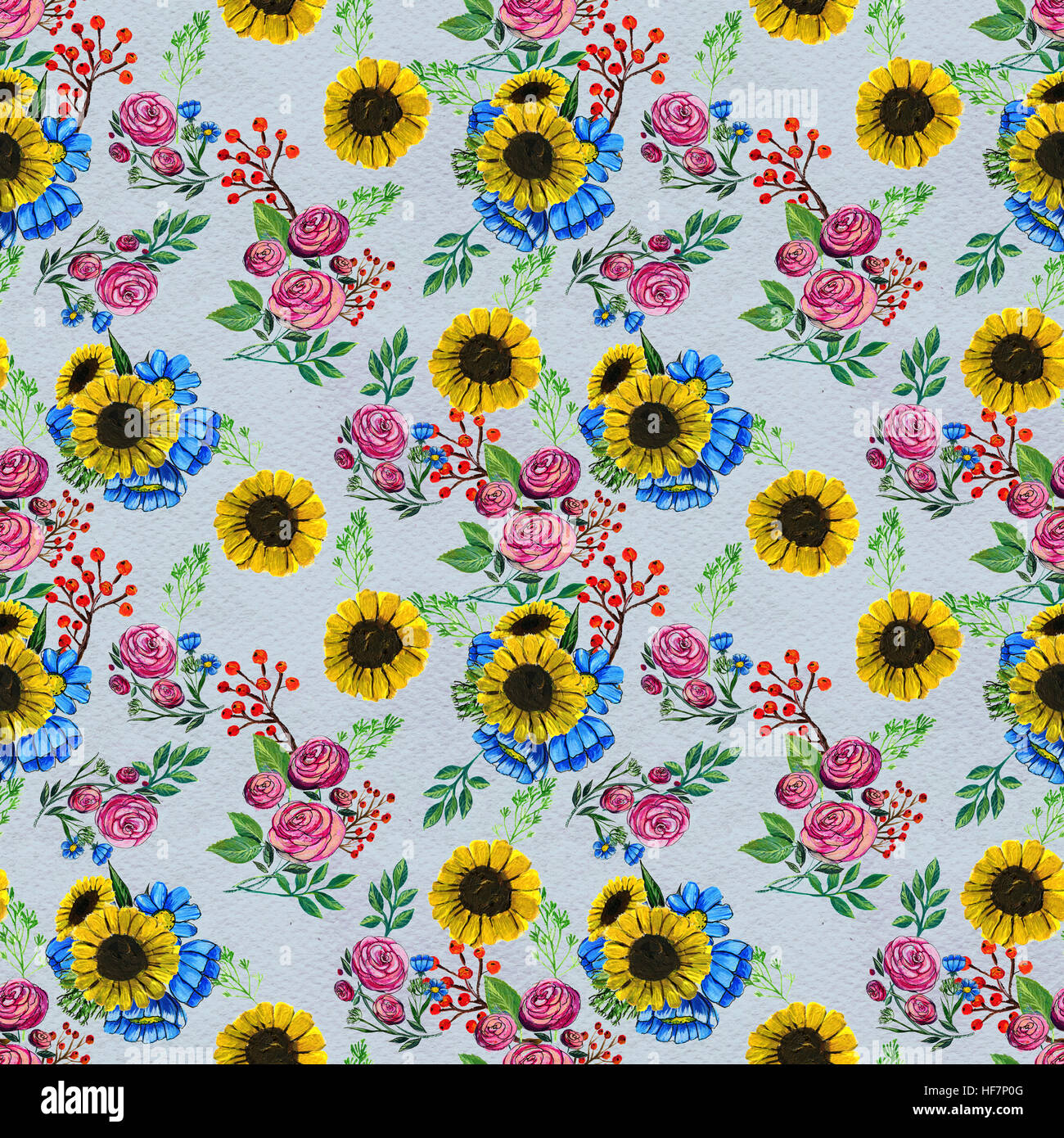 Seamless pattern with blue yellow and pink flowers Stock Photo - Alamy