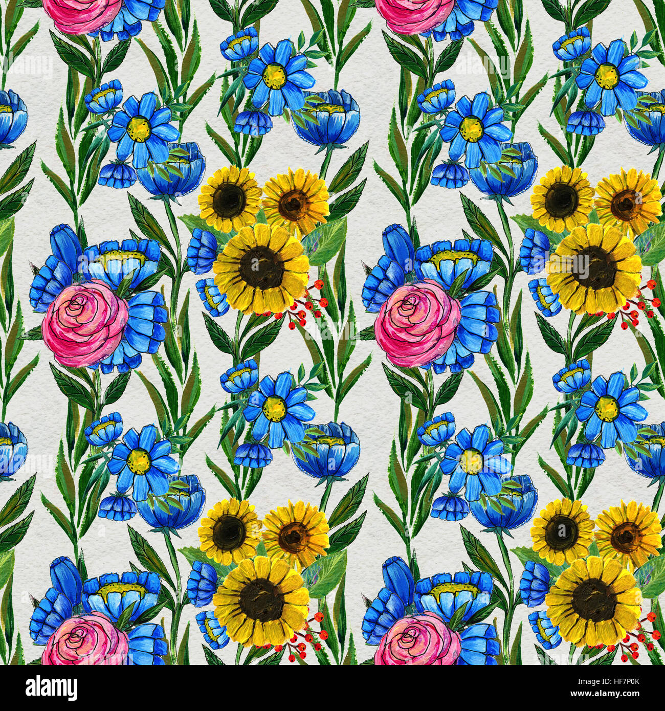 Seamless pattern with blue yellow and pink flowers Stock Photo - Alamy