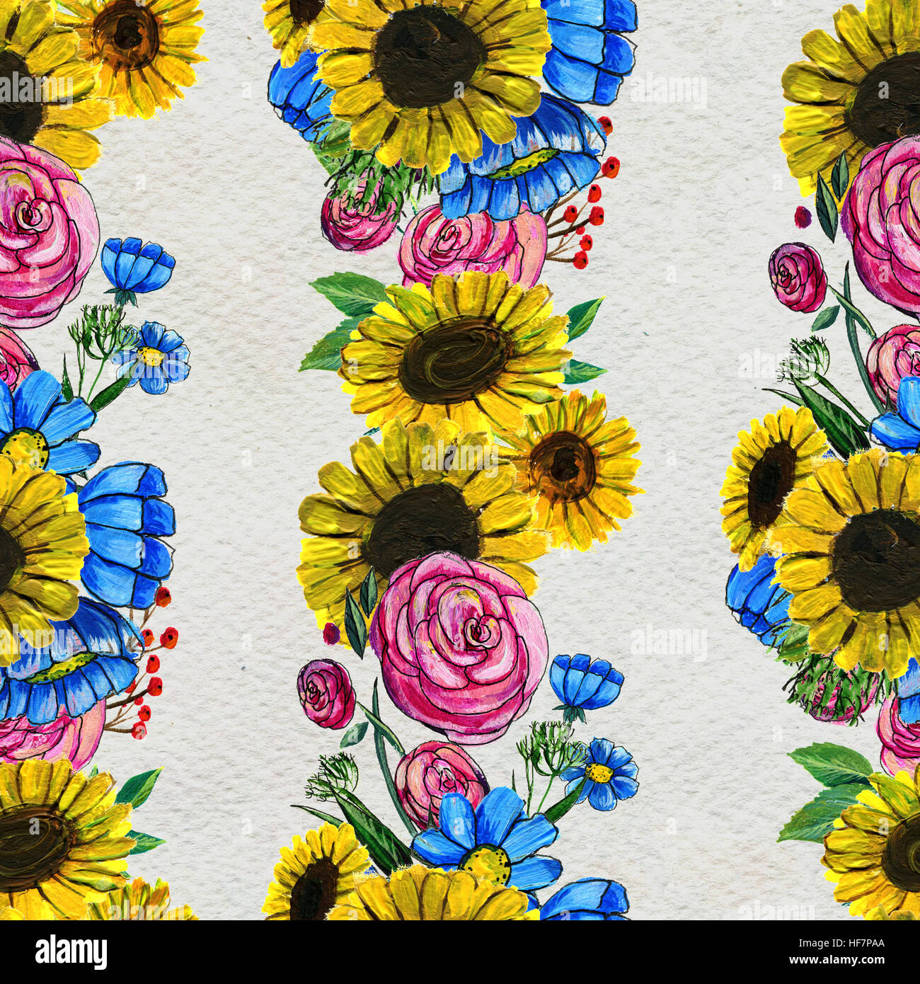 Seamless pattern with blue yellow and pink flowers Stock Photo - Alamy
