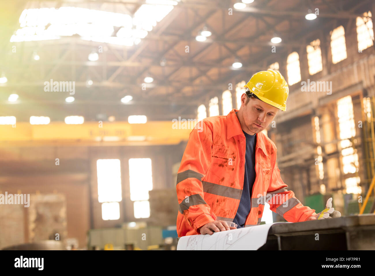 Engineer reviewing blueprints in steel factory Stock Photo - Alamy