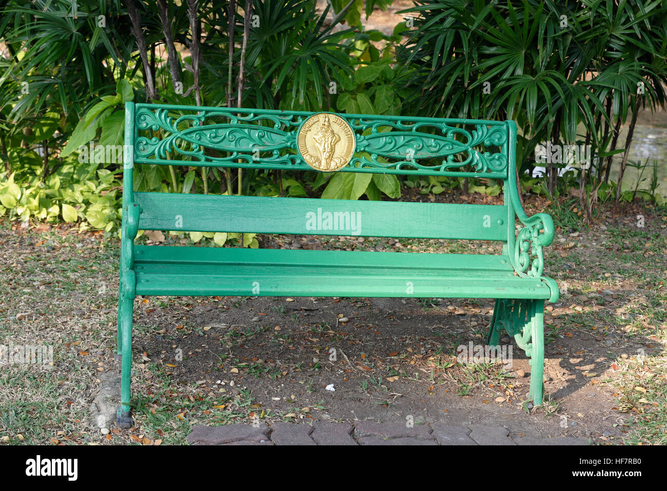Park Bench with royal Crest, Lumpini Park, Bangkok, Thailand Stock ...