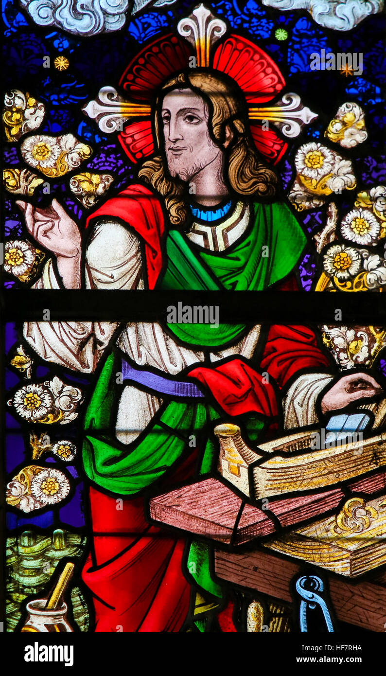 Stained Glass window depicting Jesus Christ at work as a carpenter in ...