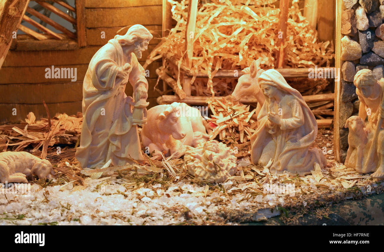 traditional nativity scene with St. Joseph and the Virgin Mary and the ...
