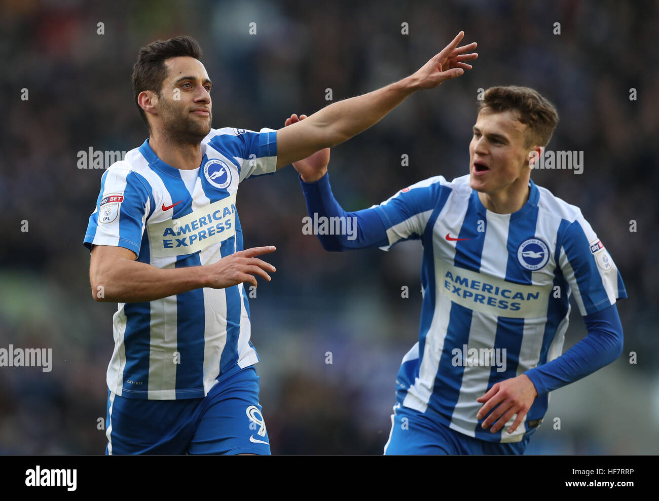 Brighton and Hove Albion's Sam Baldock (left) celebrates scoring his ...