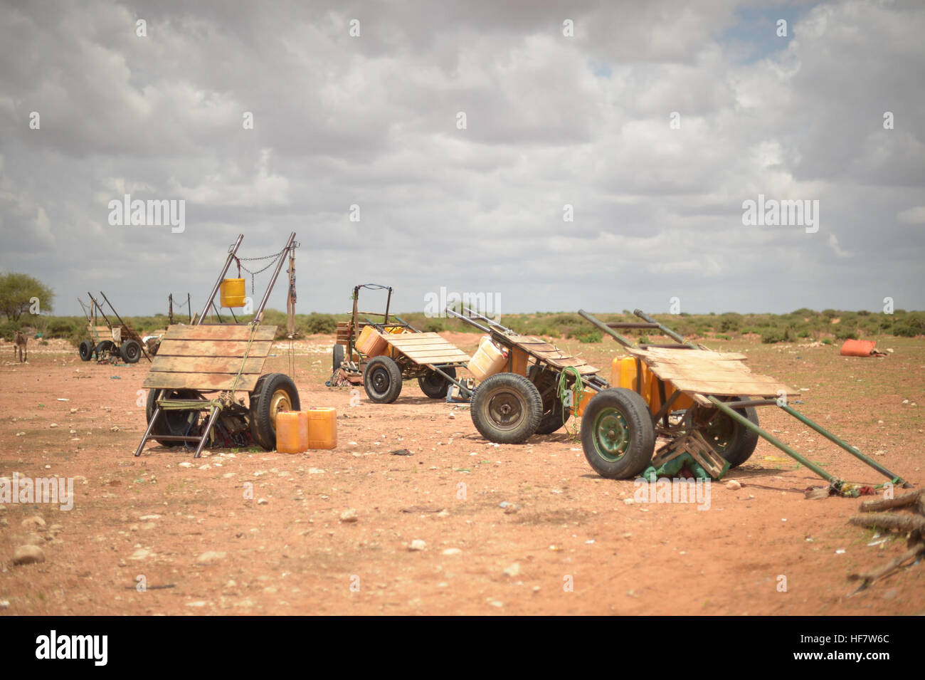 Empty donkey carts sit next to a water point in El-Baraf town, Somalia ...