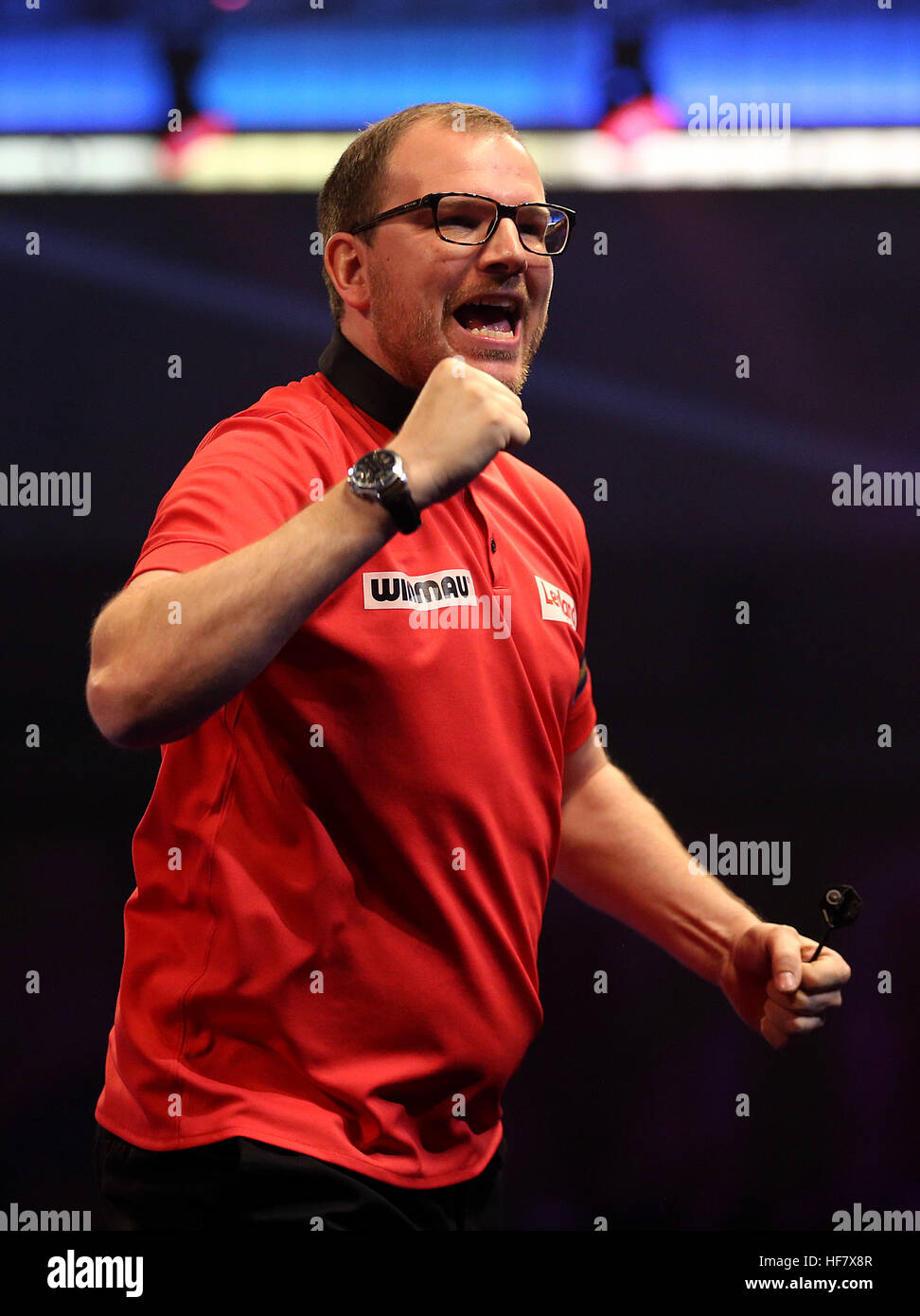 Mark Webster celebrates winning his match during day ten of the William ...