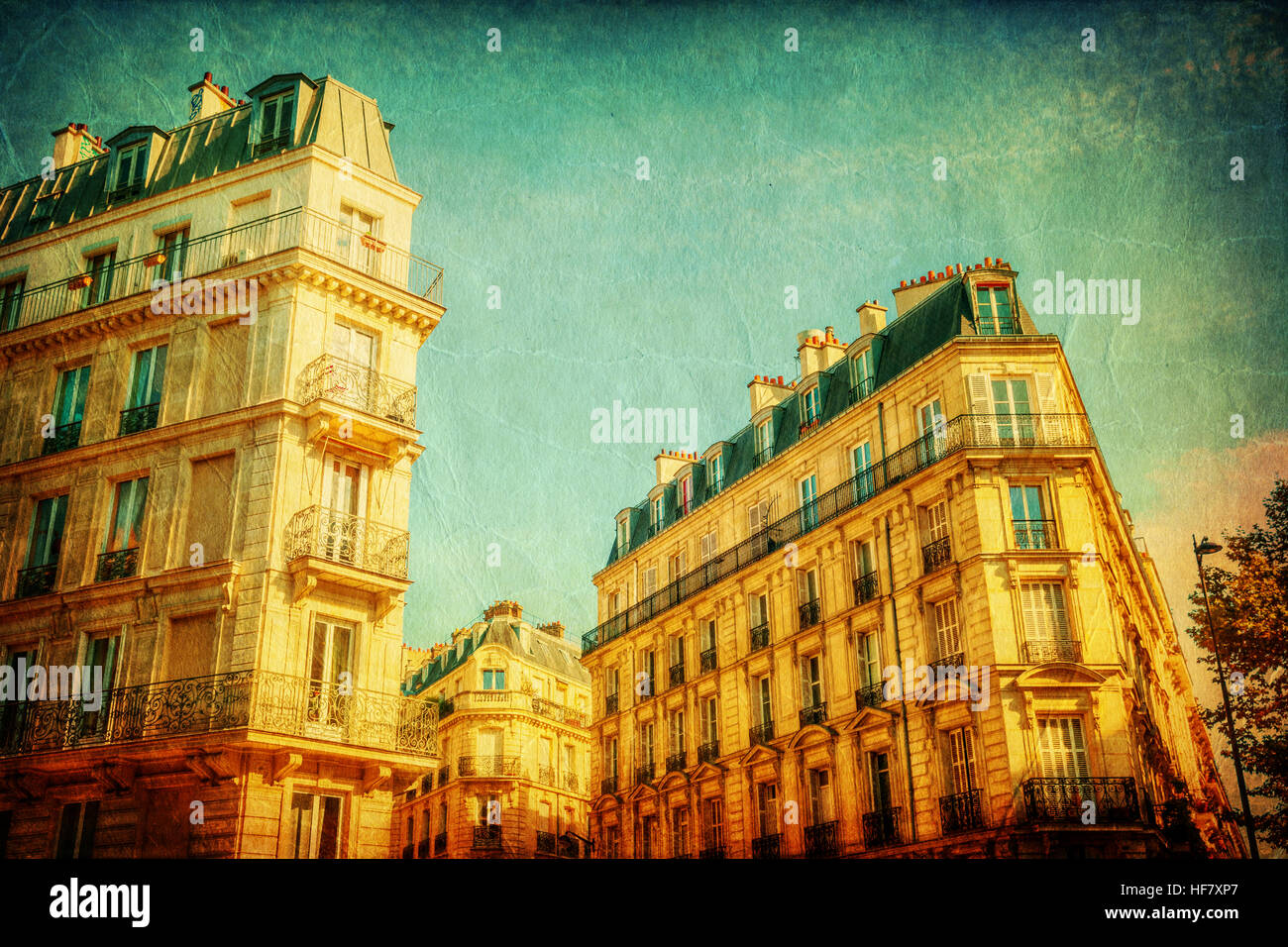 vintage style picture of old buildings in Paris, France Stock Photo - Alamy