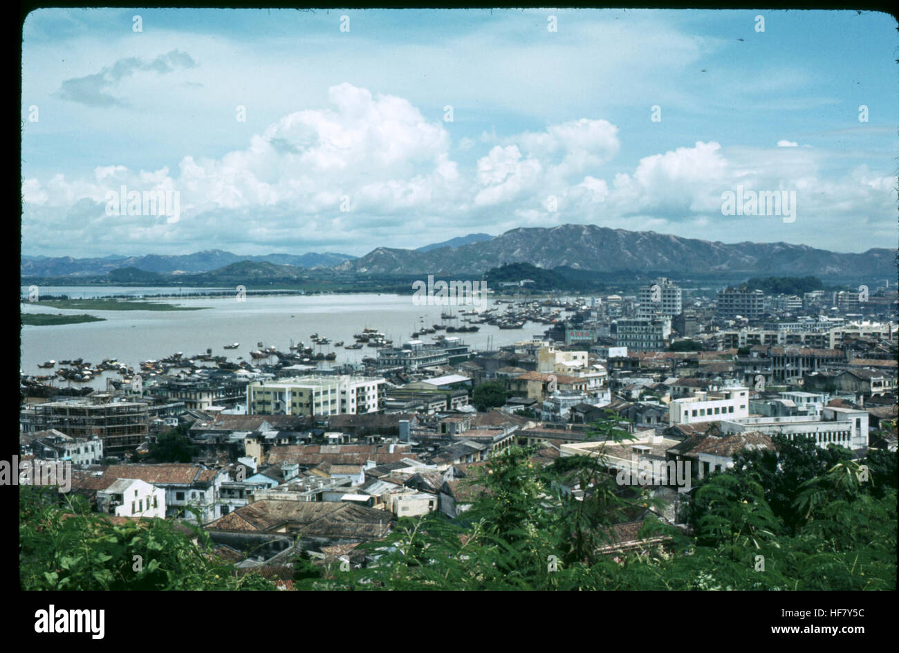 View across the city with mountainous area of mainland China in the ...