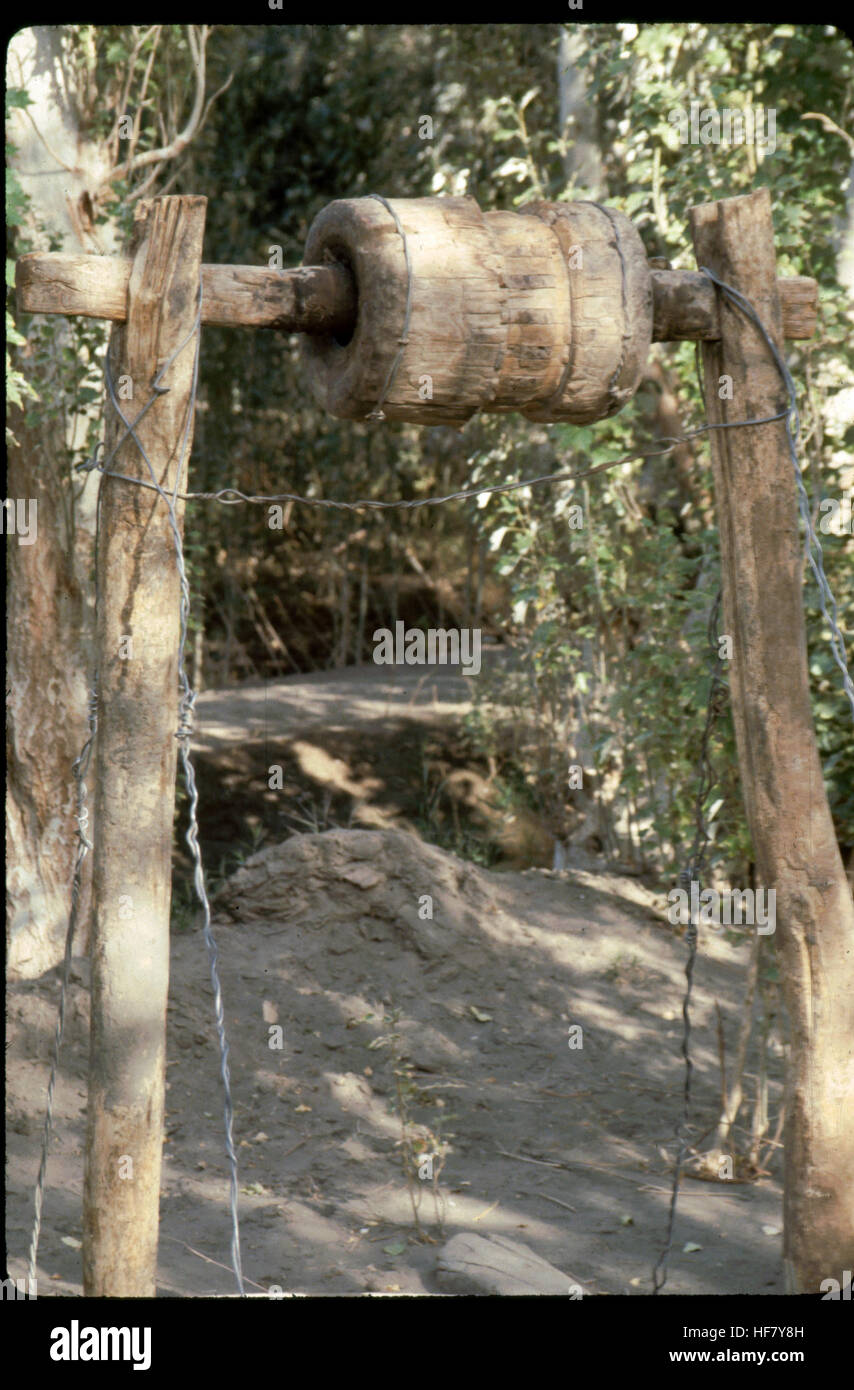 A historic photograph of an old-fashioned water pump in Turfan ...
