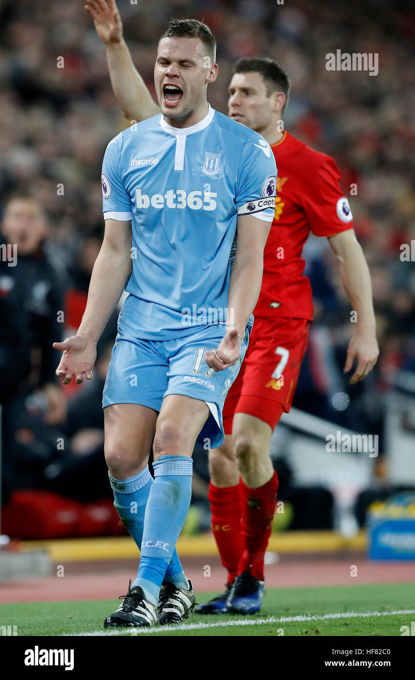 Stoke City's Ryan Shawcross gestures during the Premier League match at ...