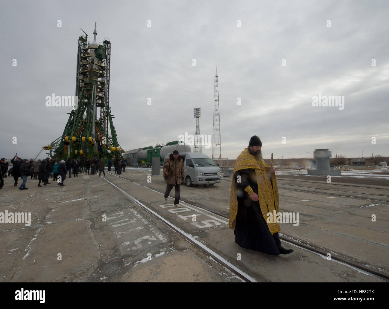 An Orthodox Priest blesses the Soyuz rocket at Baikonur Cosmodrome ...