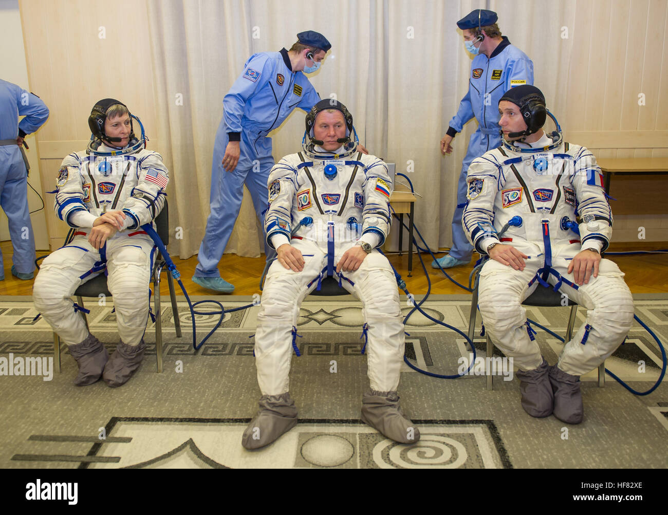 NASA astronaut Peggy Whitson, Russian cosmonaut Oleg Novitskiy, and ESA ...