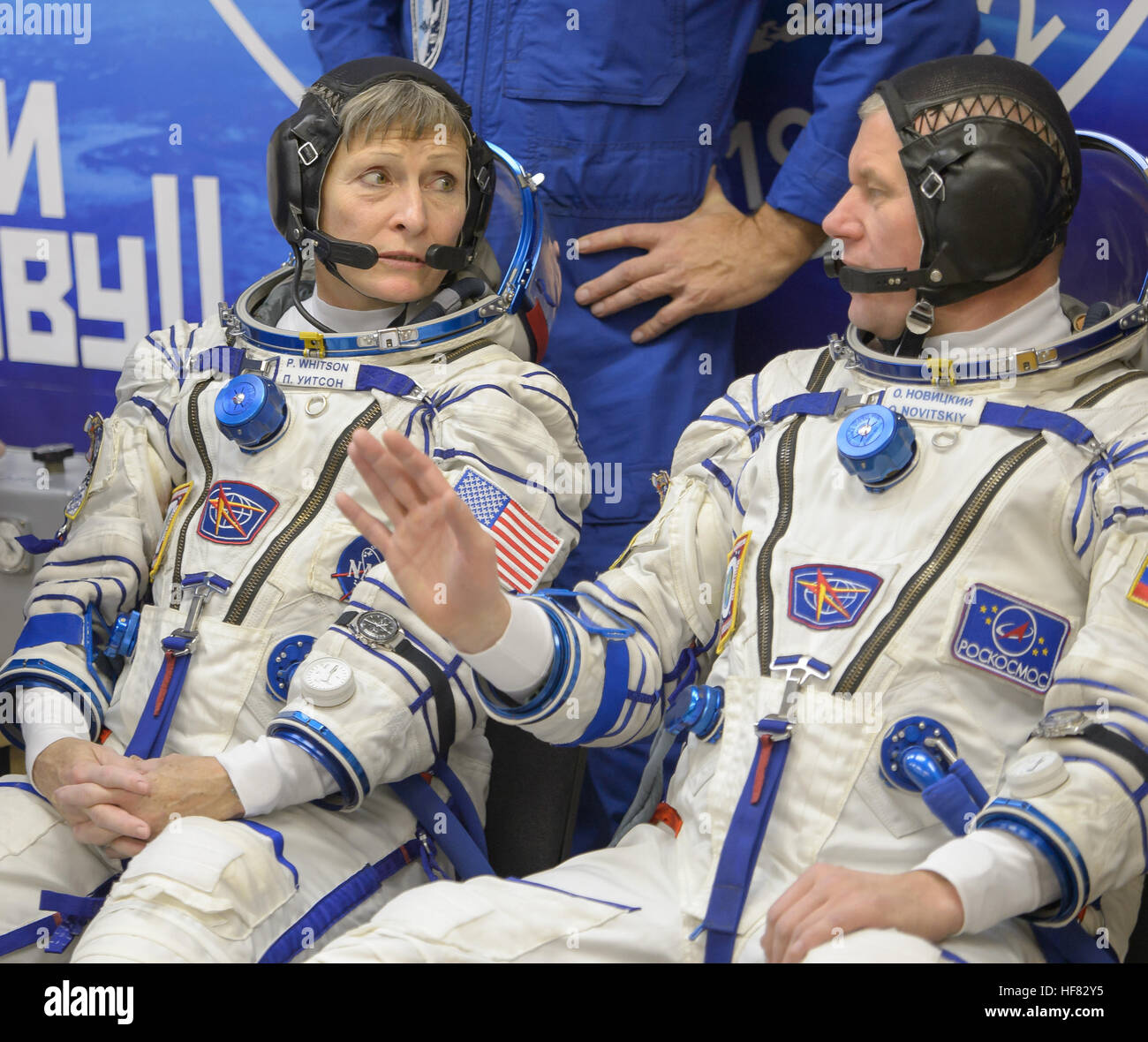 NASA astronaut Peggy Whitson, cosmonaut Oleg Novitskiy, and ESA ...