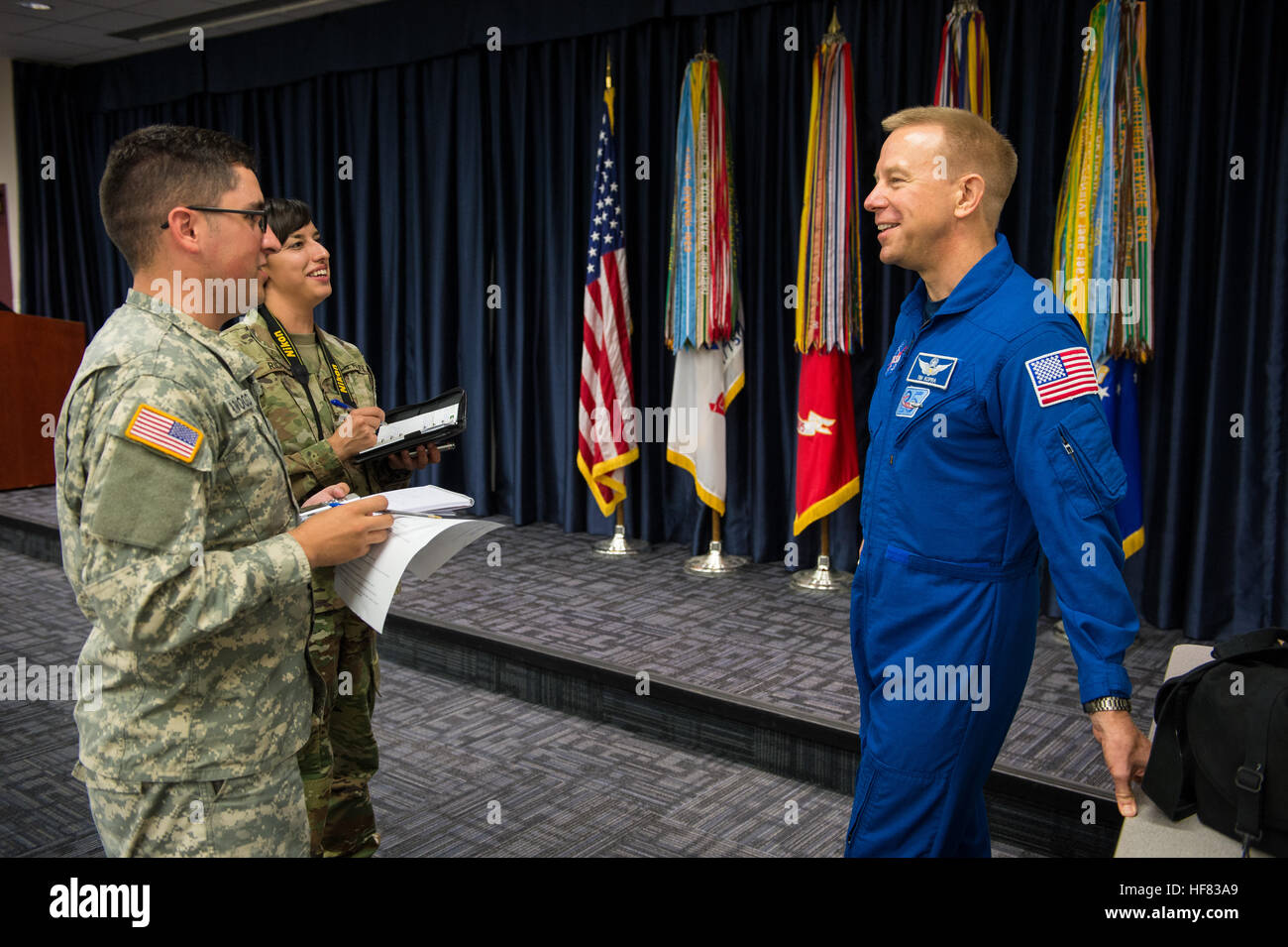 NASA astronaut Tim Kopra is interviewed by students of the Defense ...