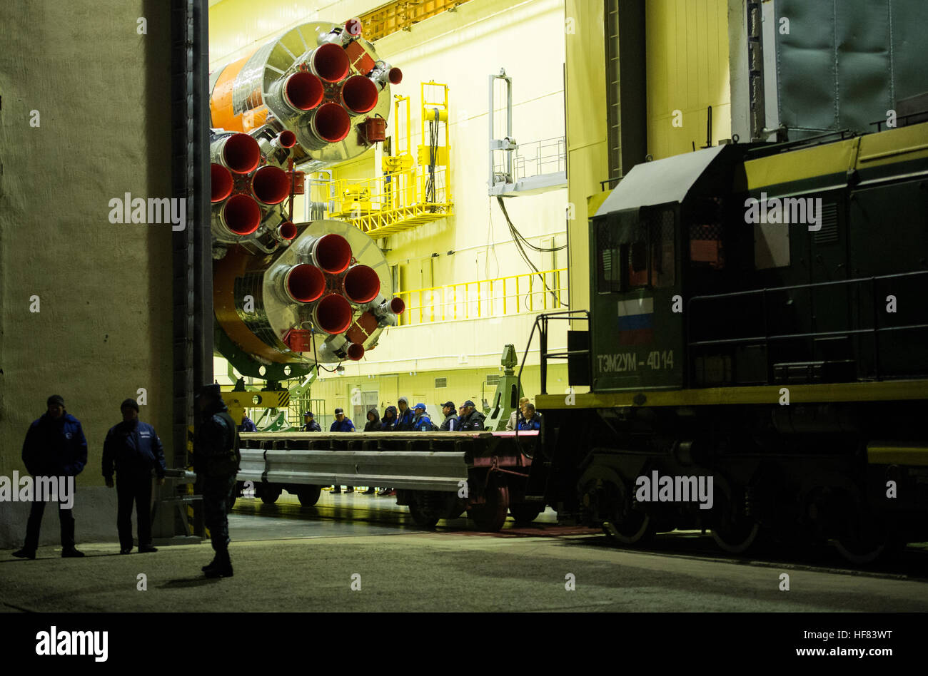 The Soyuz MS-02 spacecraft is rolled out by train to the launch pad at ...