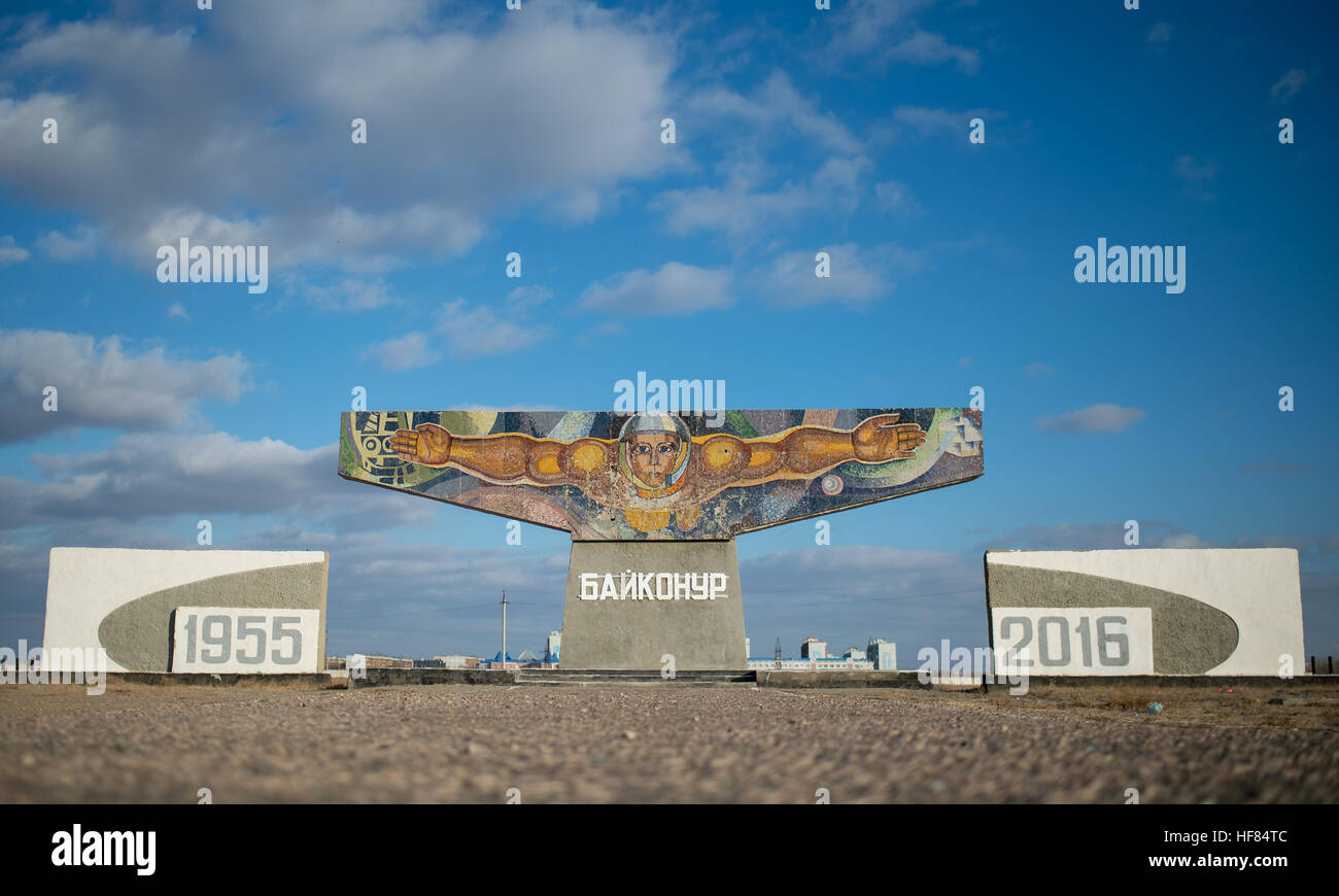 A welcome mosaic sign in Baikonur, Kazakhstan, marks the arrival of ...