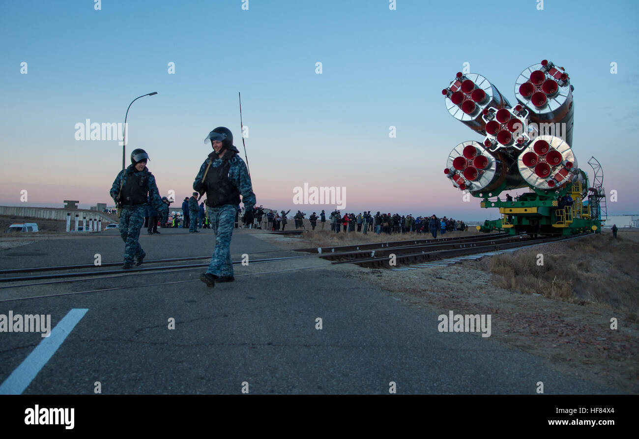 The Soyuz rocket is transported by train to the launch pad at Baikonur ...