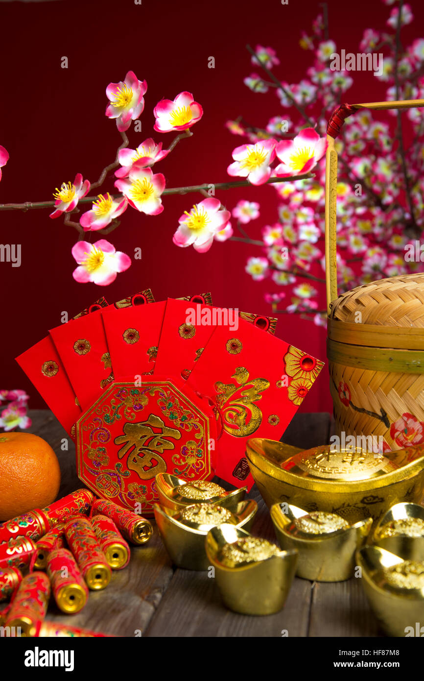 Chinese new year festival decorations, ang pow or red packet and gold ...