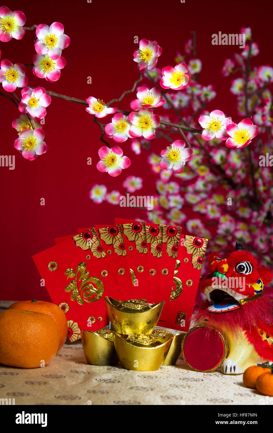 Chinese new year festival decorations, ang pow or red packet and gold ...