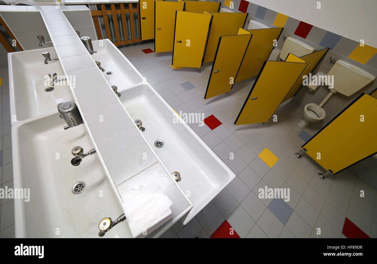 inside a bathroom for kids in the preschool without children Stock ...